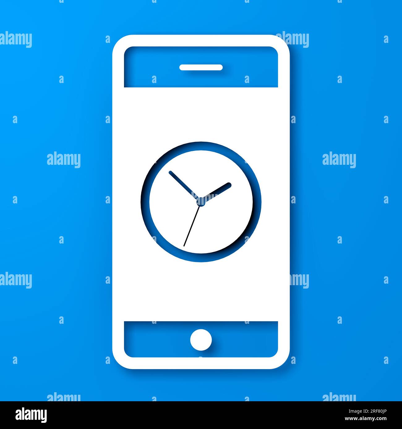 White Paper Cut Mobile Phone with Clock or Timer on Screen on a blue ...