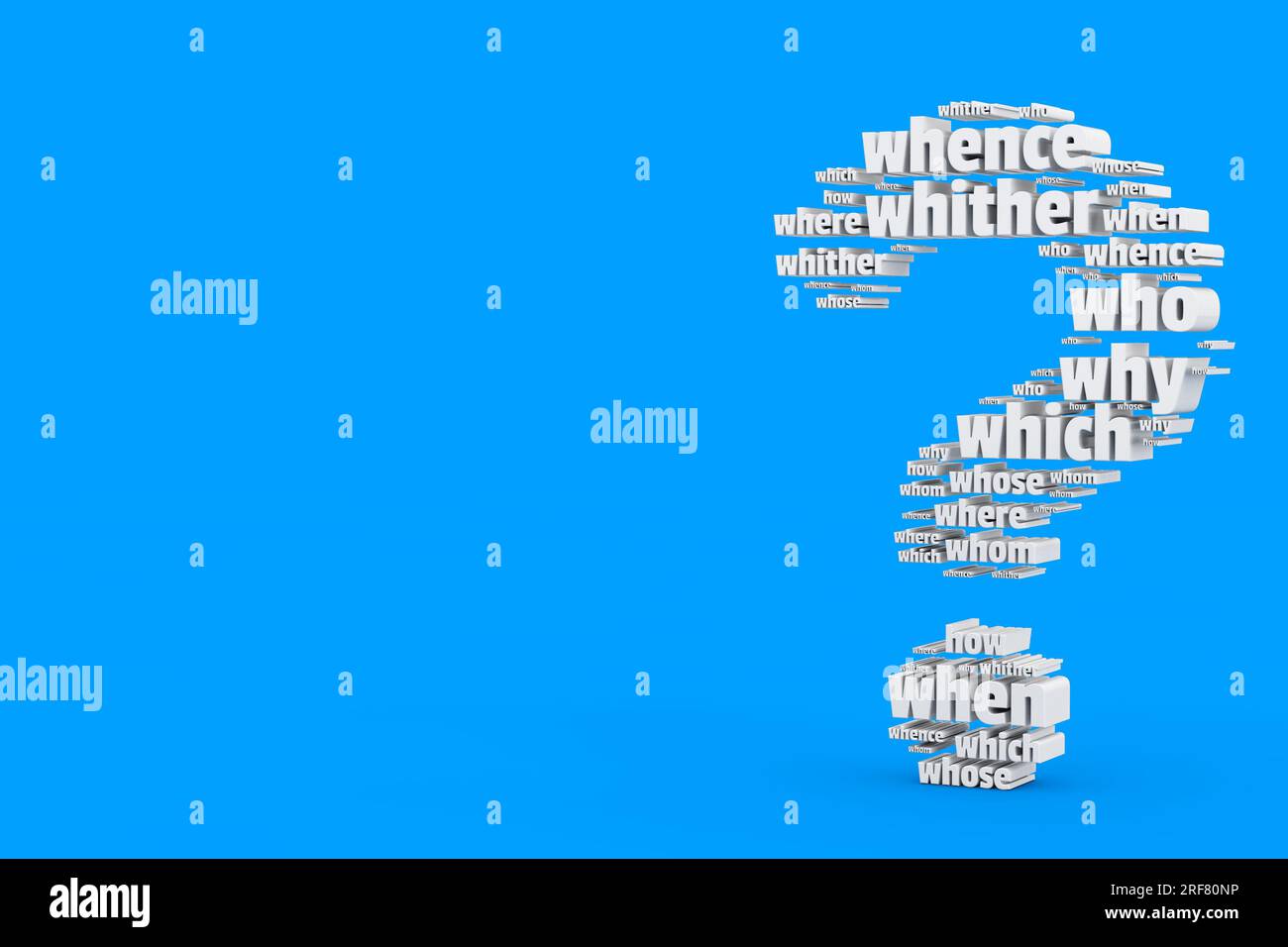 Question Words in Shape of Question Mark on a blue background. 3d ...