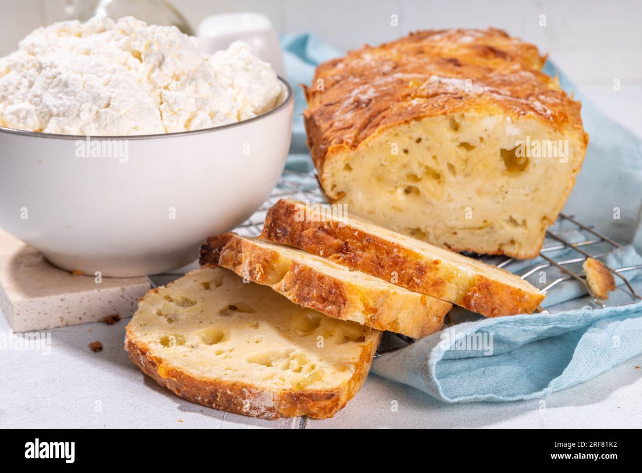 Cottage cheese bread. Trendy curd cheese baking, homemade loaf bread ...