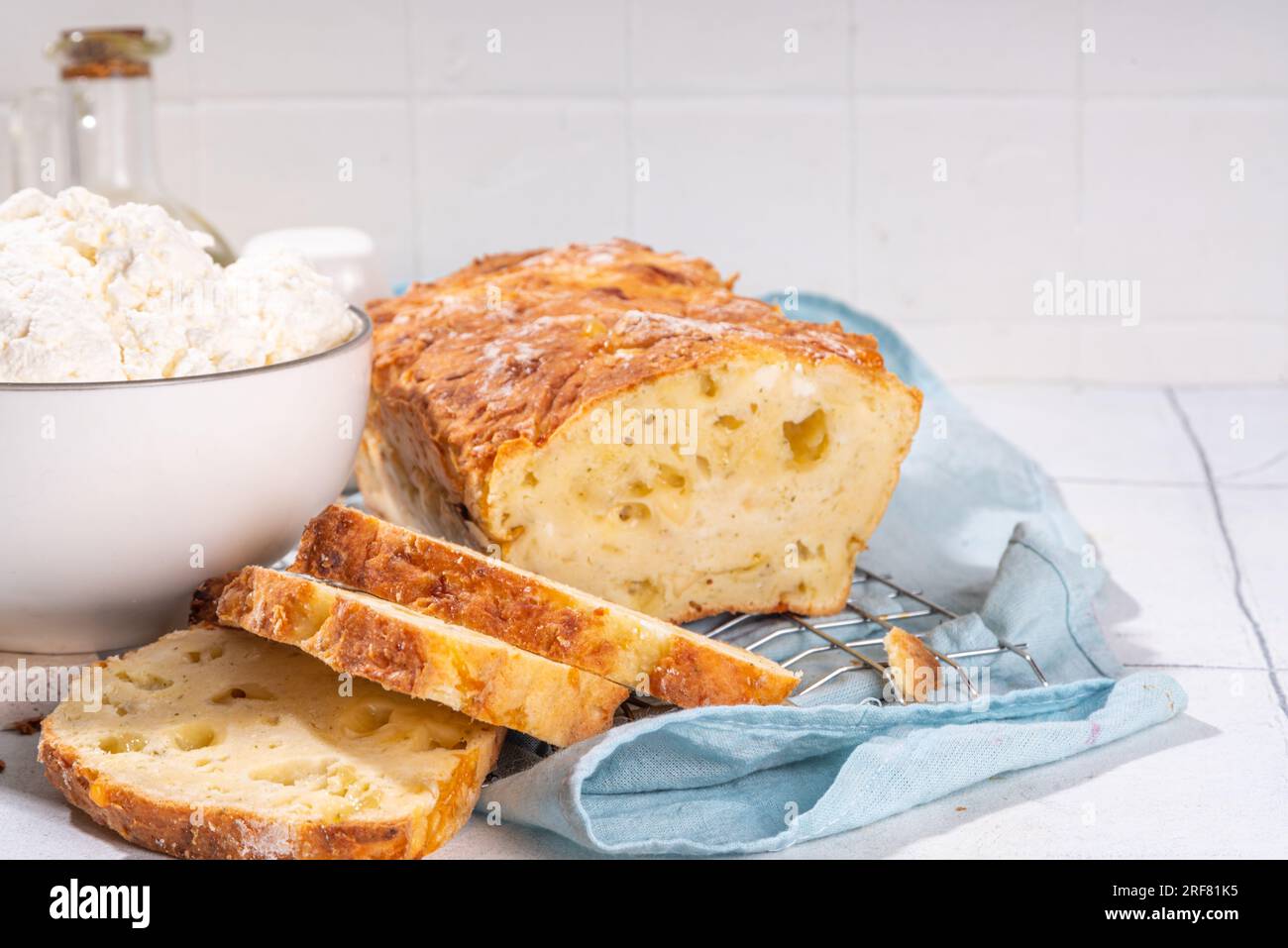 Cottage cheese bread. Trendy curd cheese baking, homemade loaf bread ...