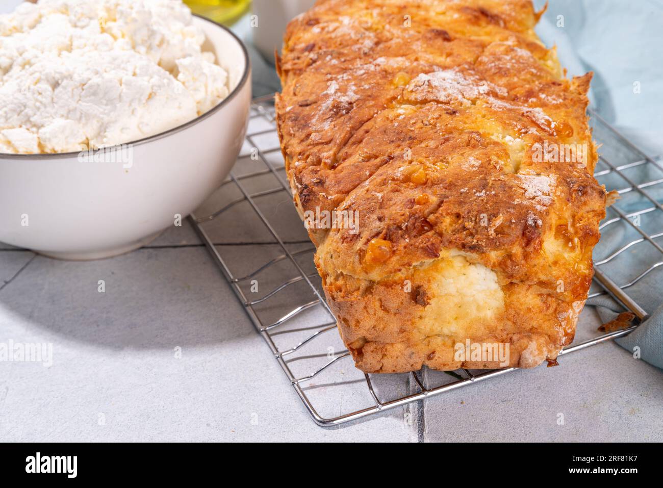Cottage cheese bread. Trendy curd cheese baking, homemade loaf bread ...
