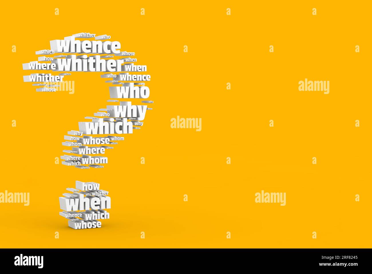 Question Words in Shape of Question Mark on a yellow background. 3d ...