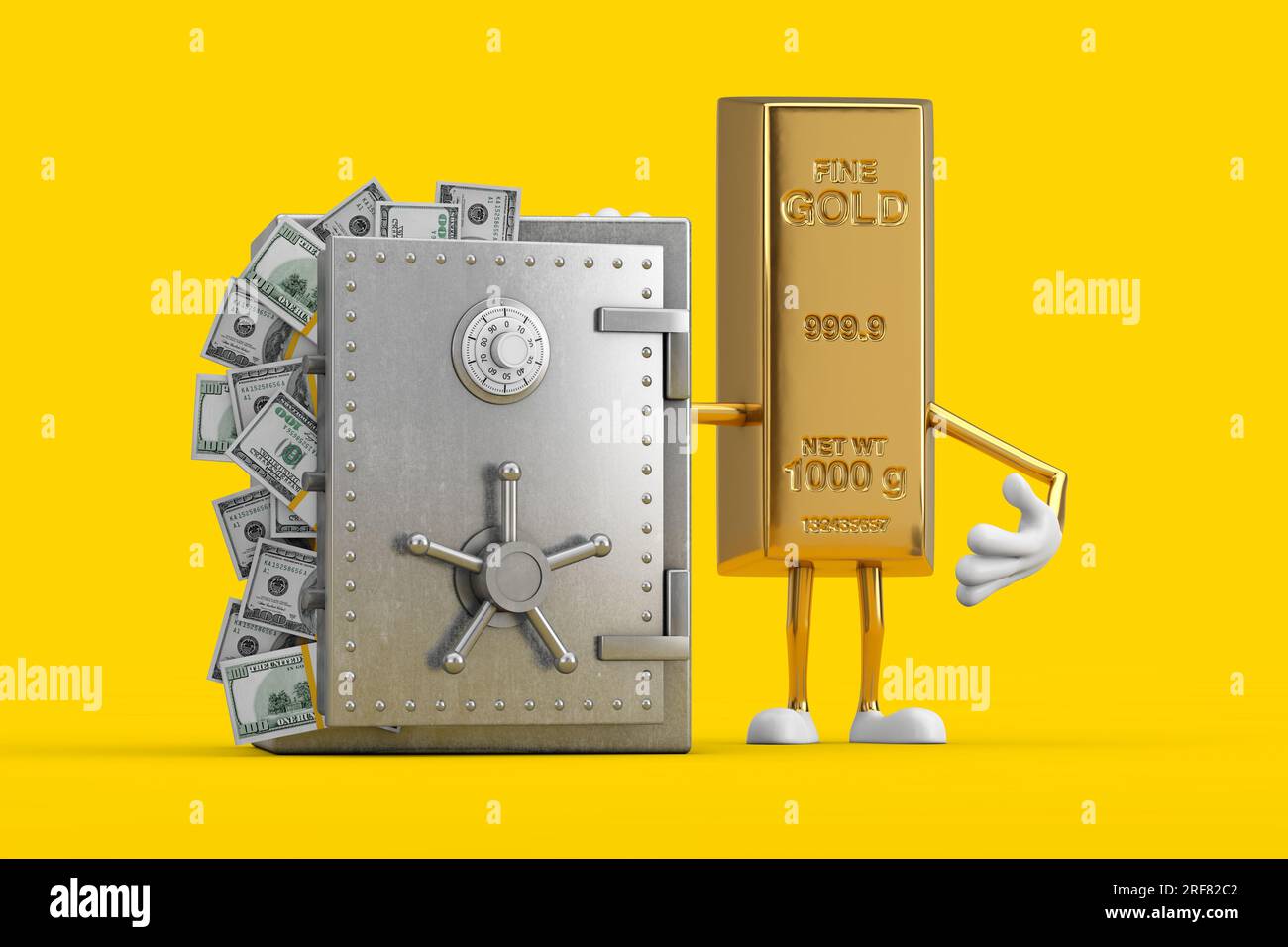 Golden Bar Cartoon Person Character Mascot with Vault or Safe Box Full ...
