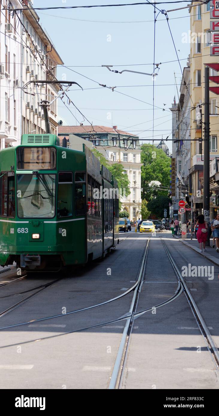 Green Tram aka Streetcar aka Trolley on a street in the City of Sofia, Bulgaria. August 01, 2023 ...