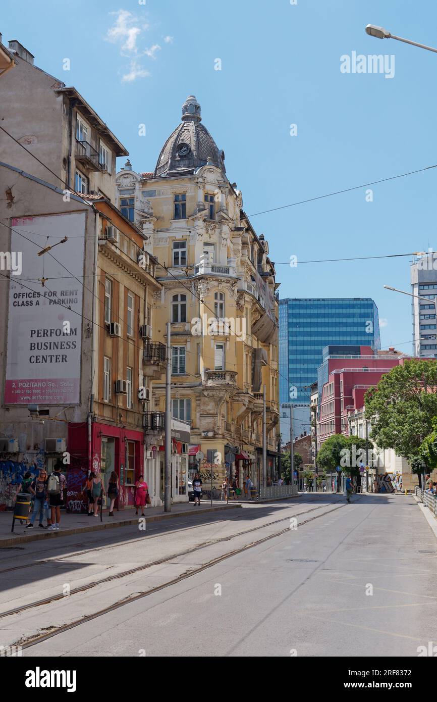 Yellow Tram aka Streetcar aka Trolley on a street in the City of Sofia ...