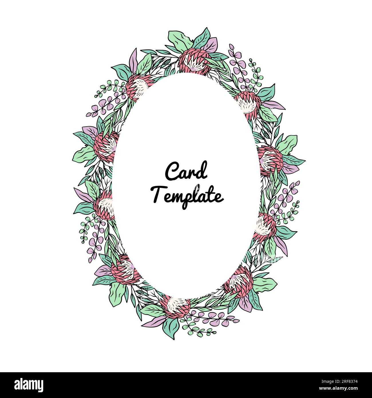 Hand drawn colorful line art tropical protea flower vertical oval frame ...