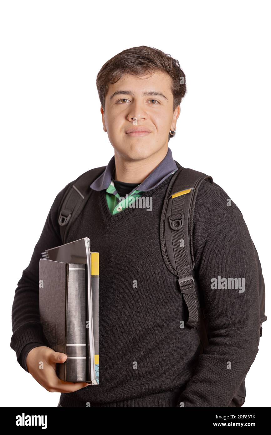 Portrait of a college student boy with books isolated on white ...