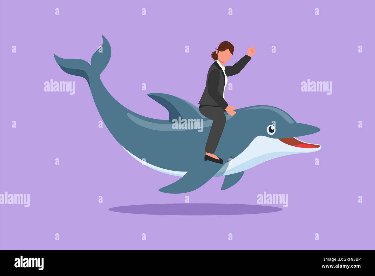 Cartoon flat style drawing of businesswoman riding dolphin symbol of ...