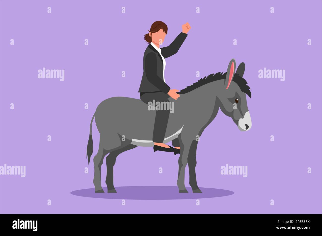 Cartoon flat style drawing young businesswoman riding donkey. Business ...