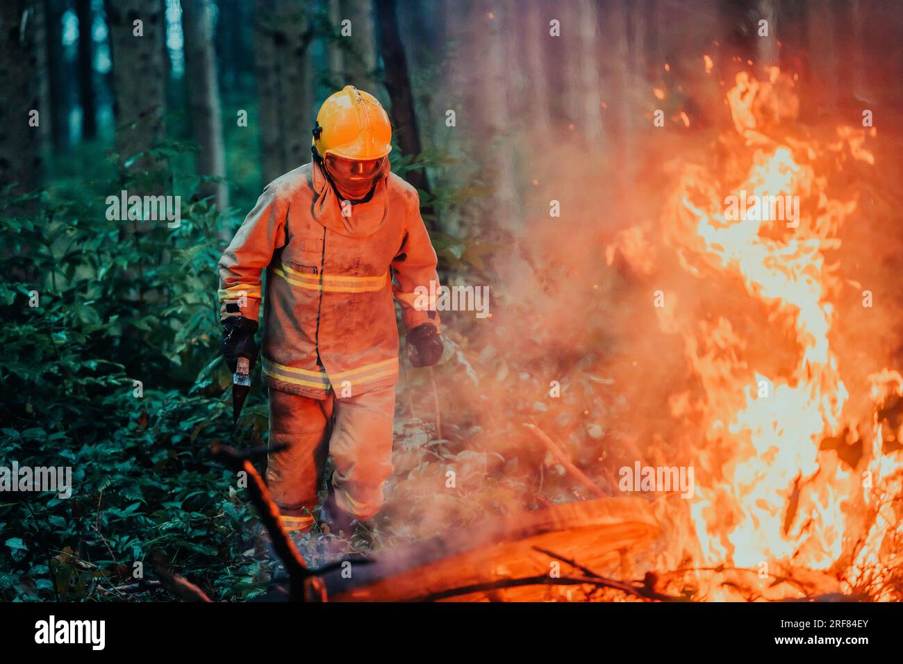 firefighter hero in action danger jumping over fire flame to rescue and ...