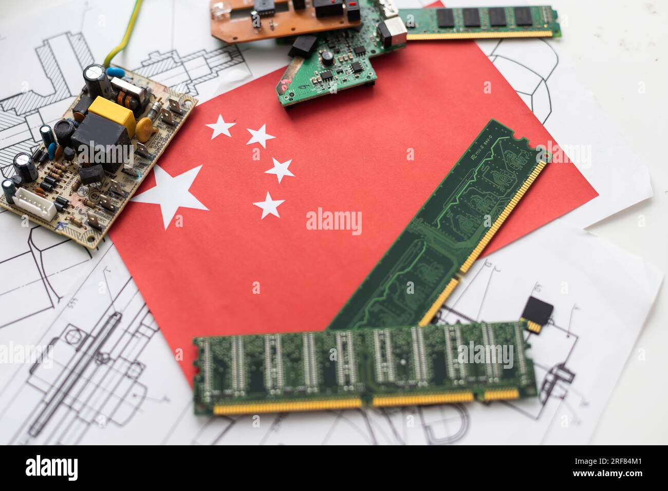 Republic of China flag on a red painted PC motherboard with some ...