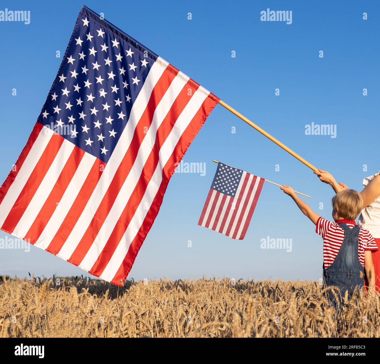 Two American flags - a large one and a small one - in a wheat field ...