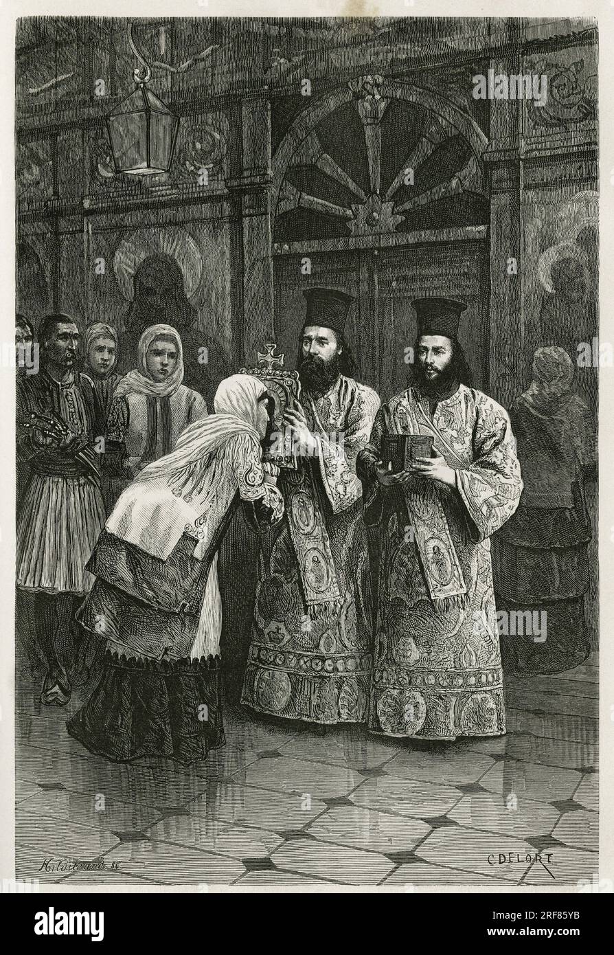 Pretres donnant a baiser les images saintes, gravure de Ch.Delort, pour ...