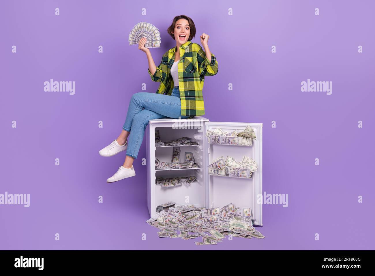 Full body photo of funky young overjoyed woman winnings millions ...