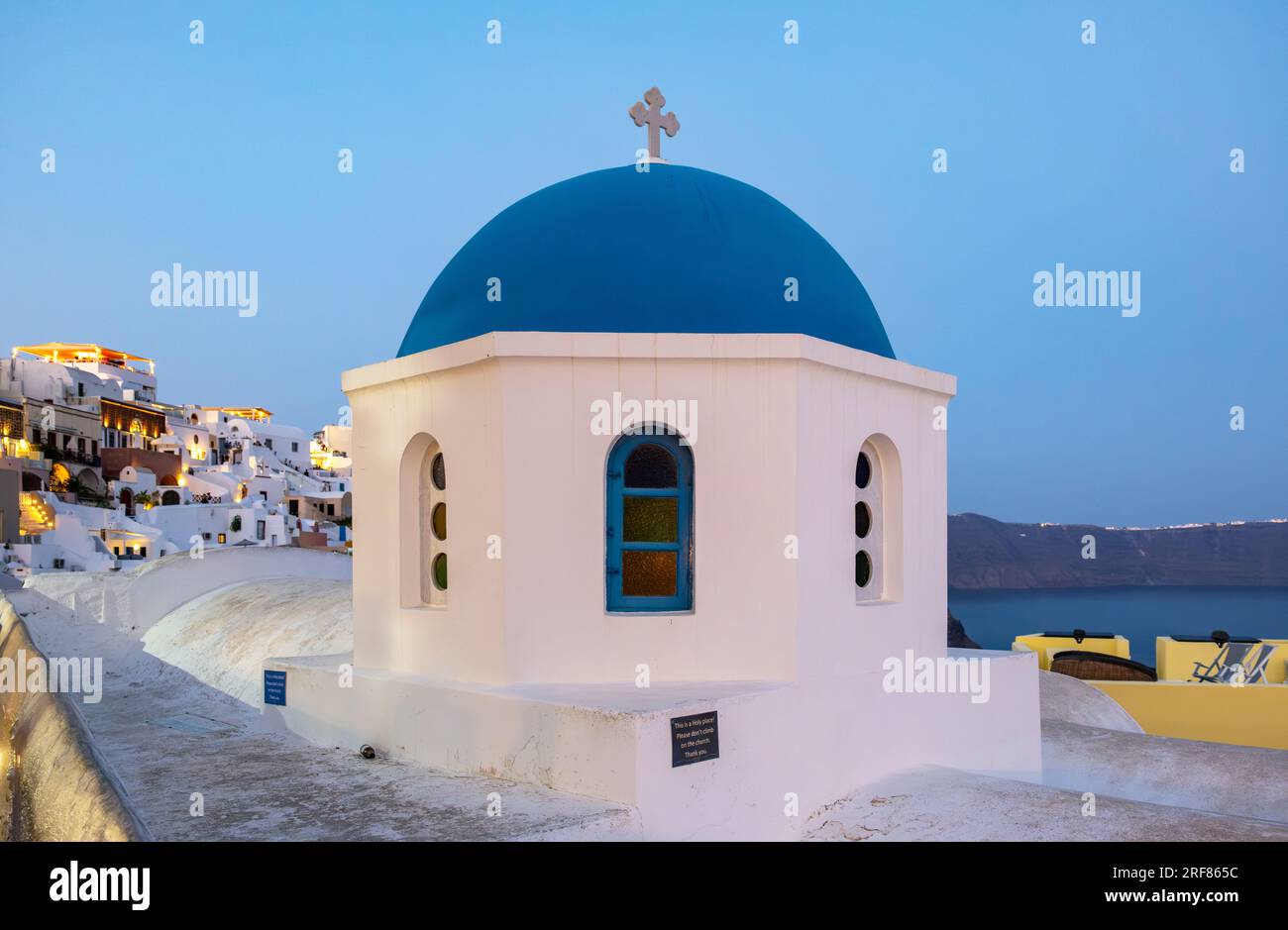 Blue-domed Church of Agios Nikolaos by night, Ia (Oia), Santorini ...