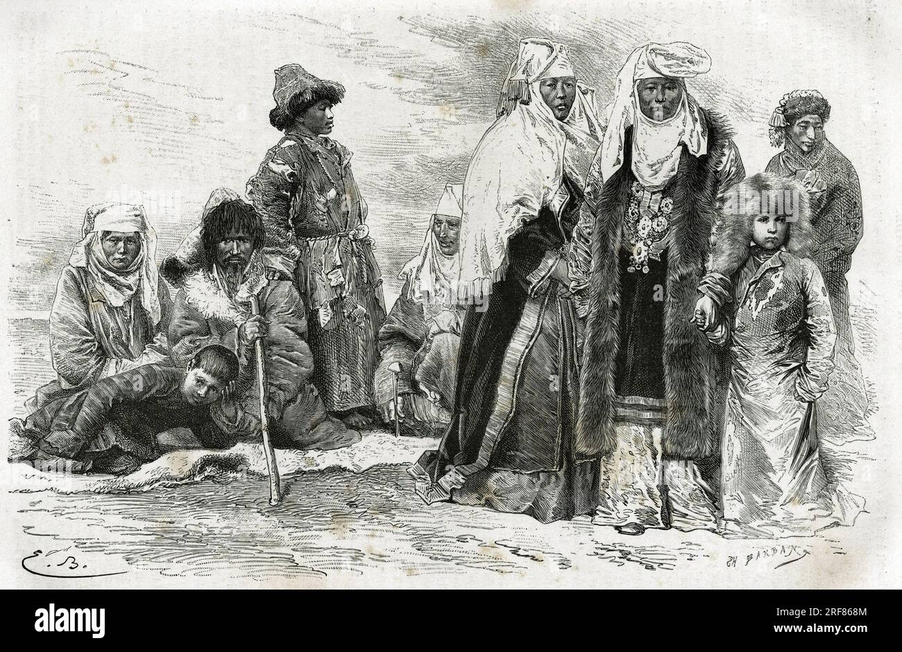 Kirghises pauvres et riches. Gravure d' Emile Bayard, pour illustrer ...