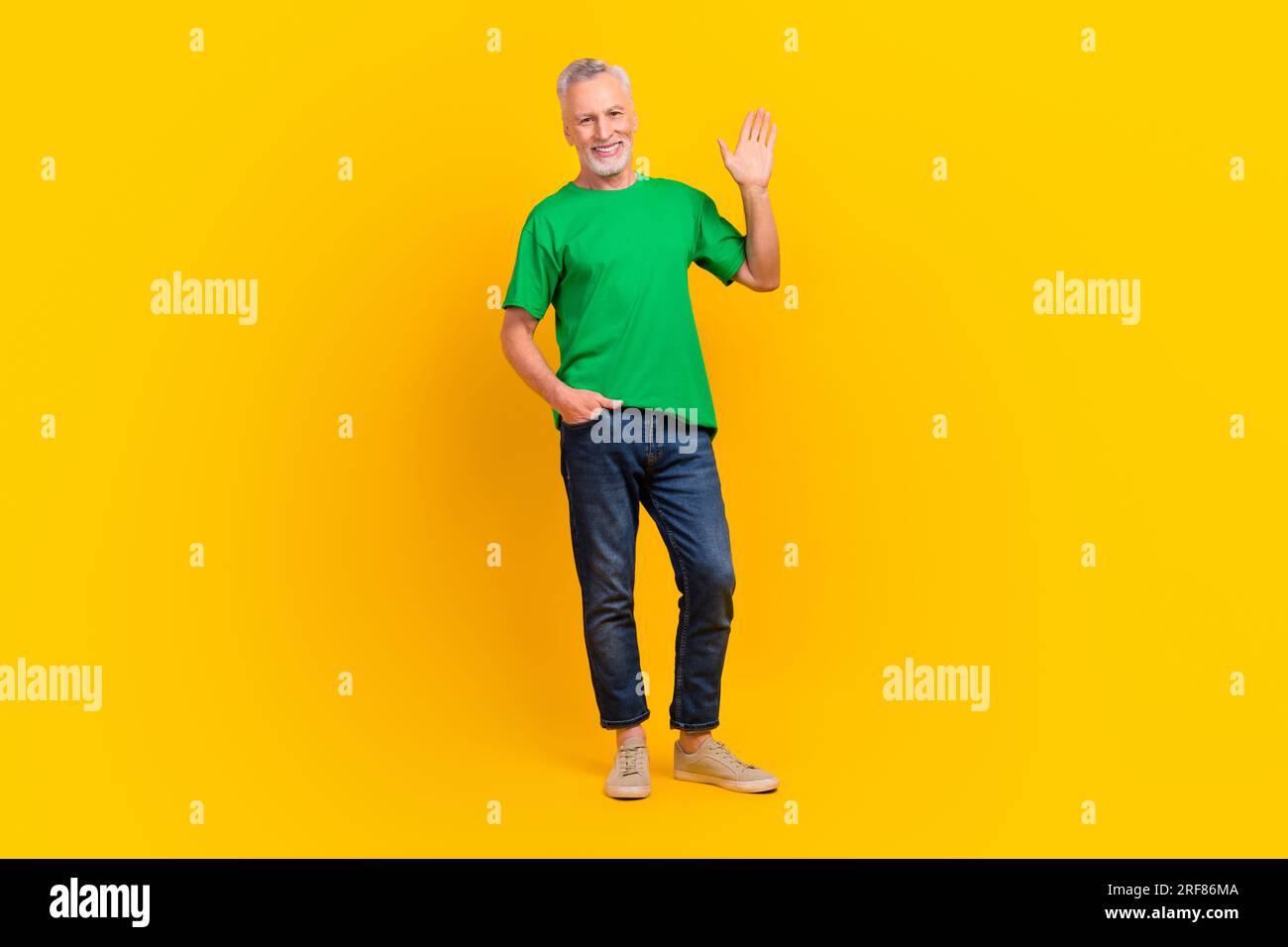 Full size portrait of nice positive aged man arm palm waving hello have ...