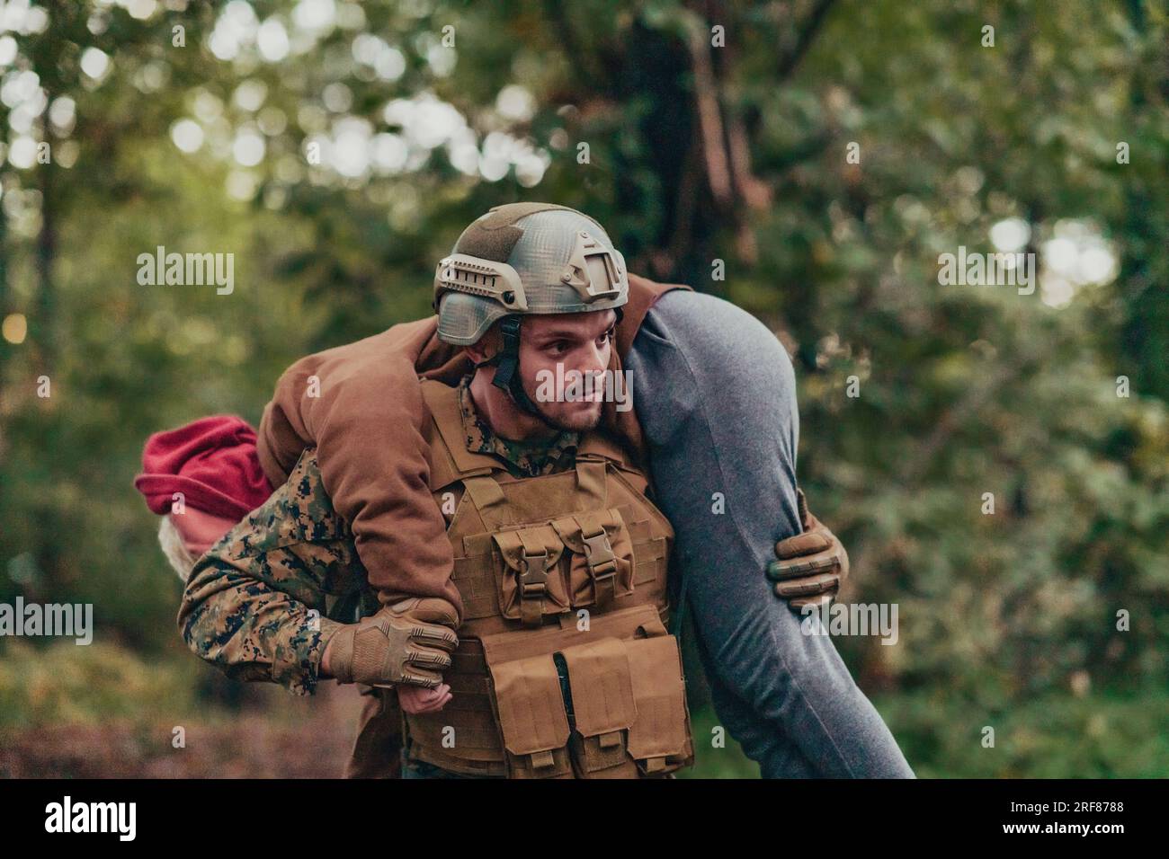 Soldier rescue civilian woman in battle and give medical support help ...