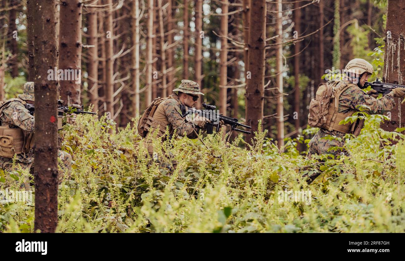 Modern warfare Soldiers Squad Running as Team in Battle Formation Stock ...