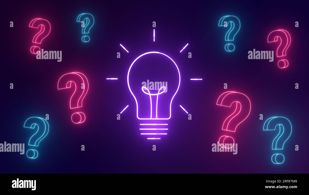 Neon light bulb around neon question marks. Innovation question concept ...