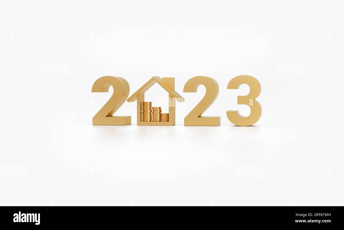 Golden number 2023 and house icon with Stack of Coins isolated on white ...