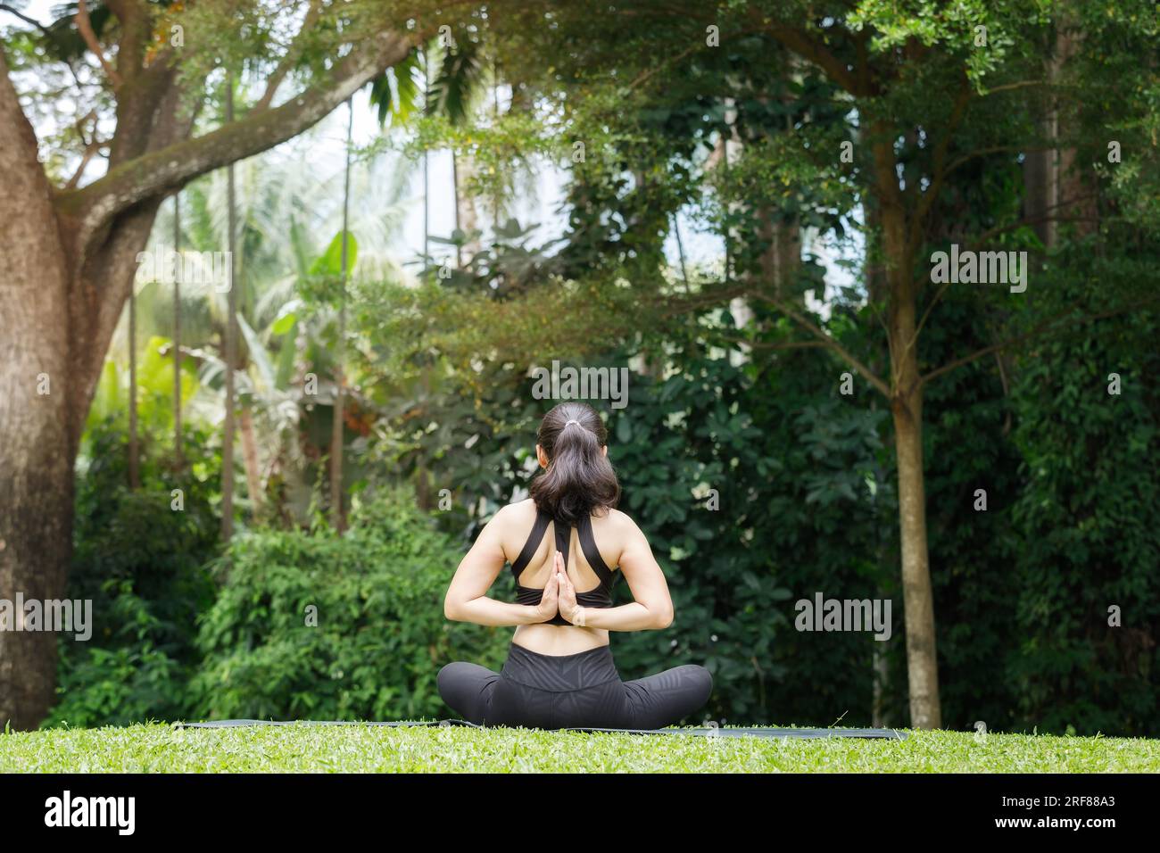 Asian woman practicing yoga in reverse prayer lotus pose, back and ...