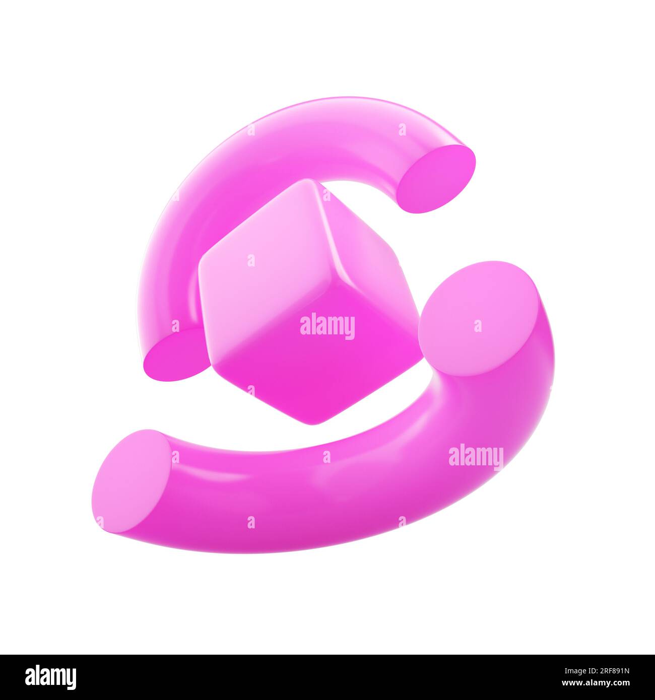 Abstract geometrical bolded shapes two pink bended cylindres with cube ...