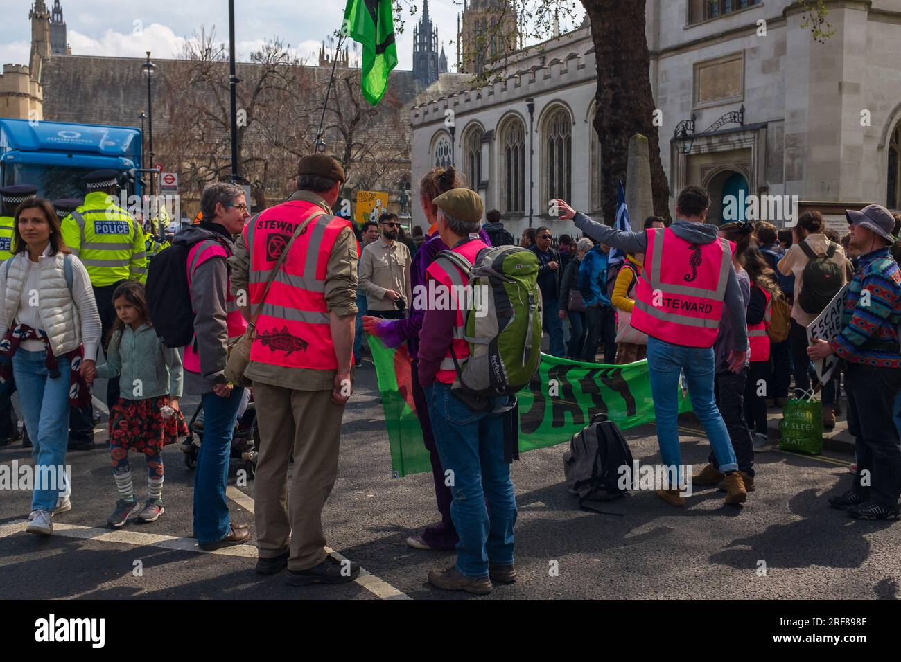 London, UK, 2023. On Broad Sanctuary, Extinction Rebellion stewards in ...