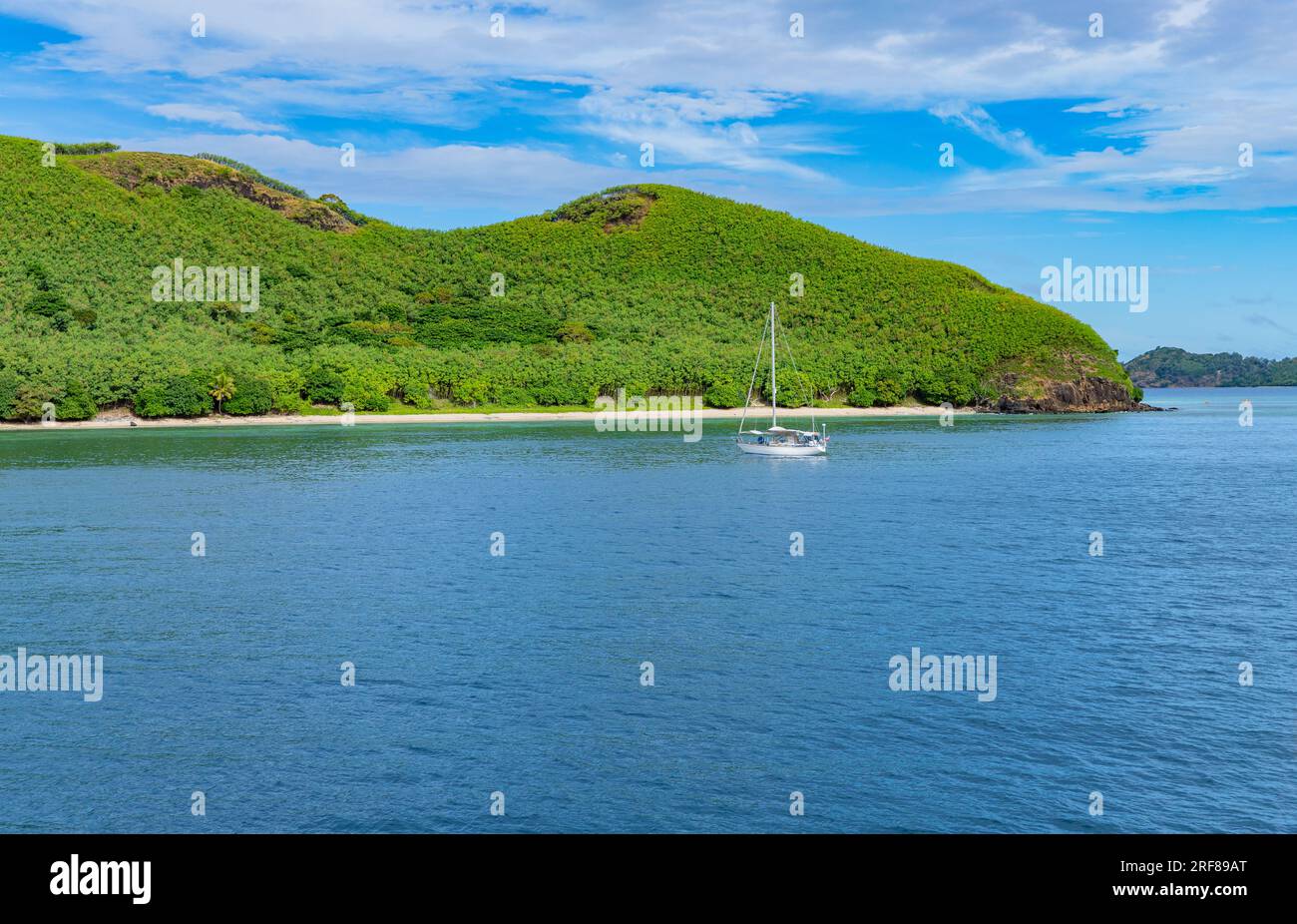 Nacula, Fiji: 26 May 2023: Boat at the tropical sandy beach of Nacula ...