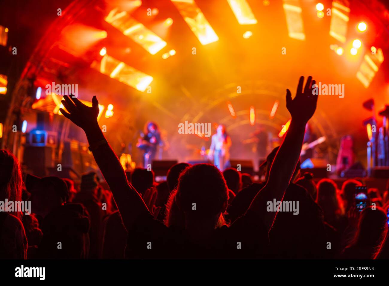 Back view silhouette of people with arms raised enjoying music festival ...