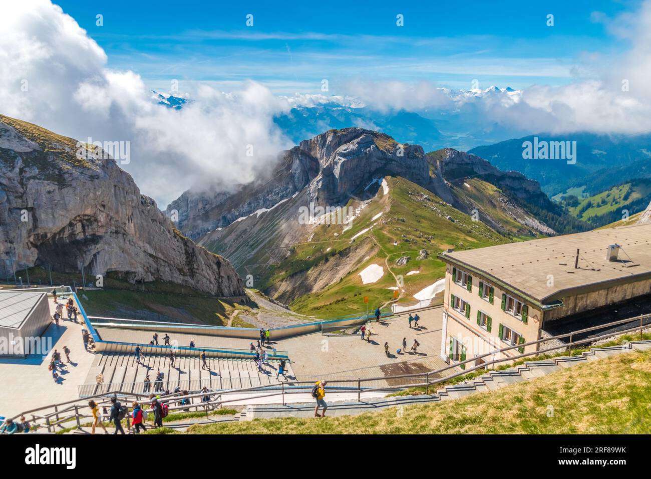 Beautiful view of the panorama terrace and the Hotel Pilatus Kulm with ...