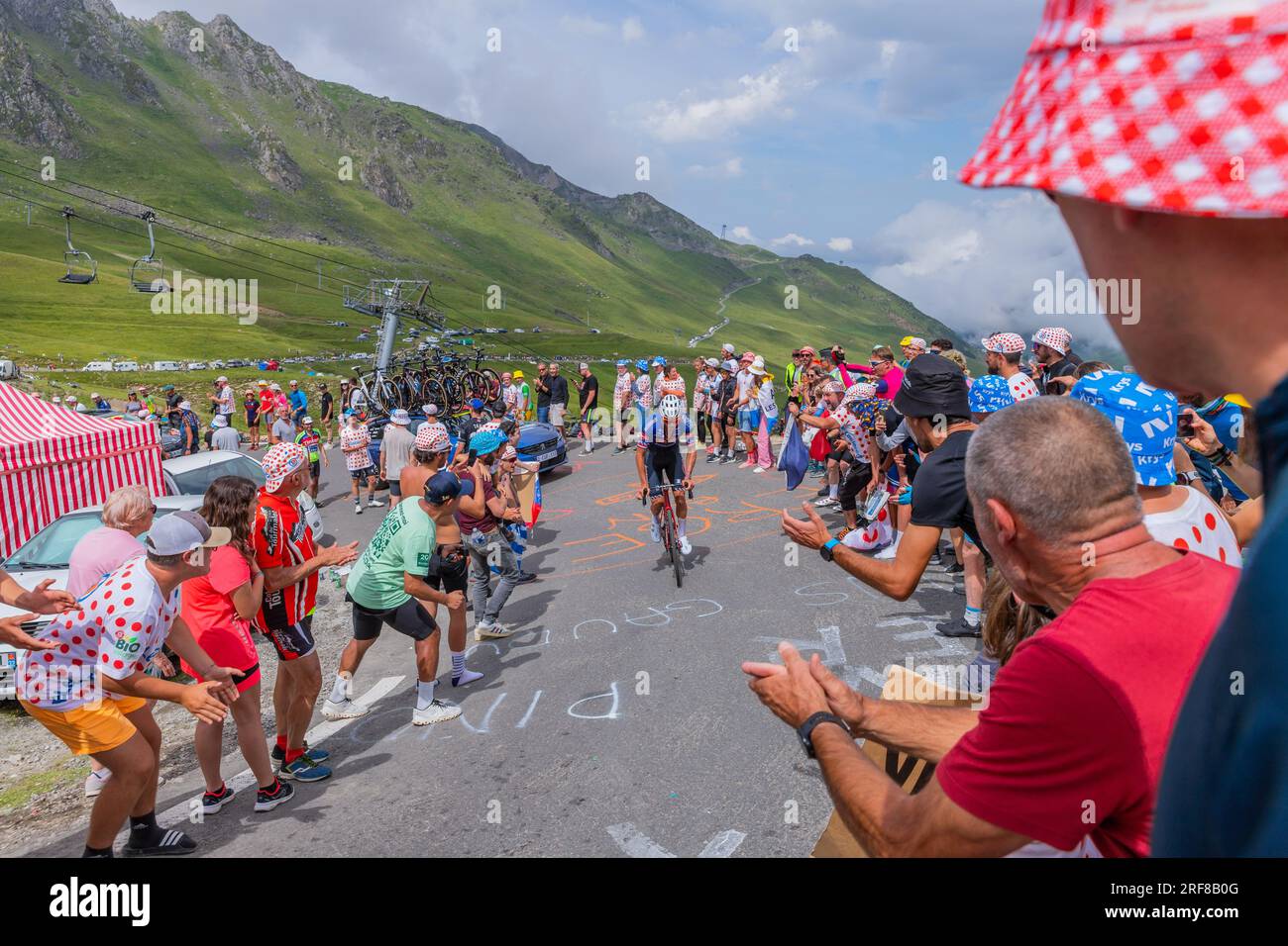 Col du Tourmalet, France - July 06 2023: Mathieu van der Poel climbig ...