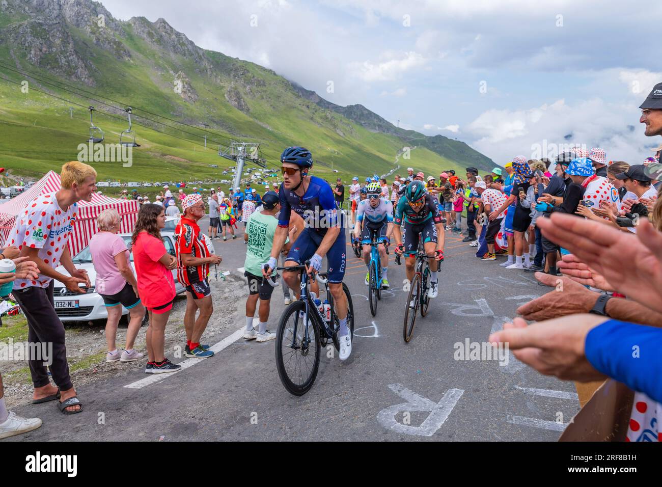 Col du Tourmalet, France - July 06 2023: Riders climbig the road to Col ...