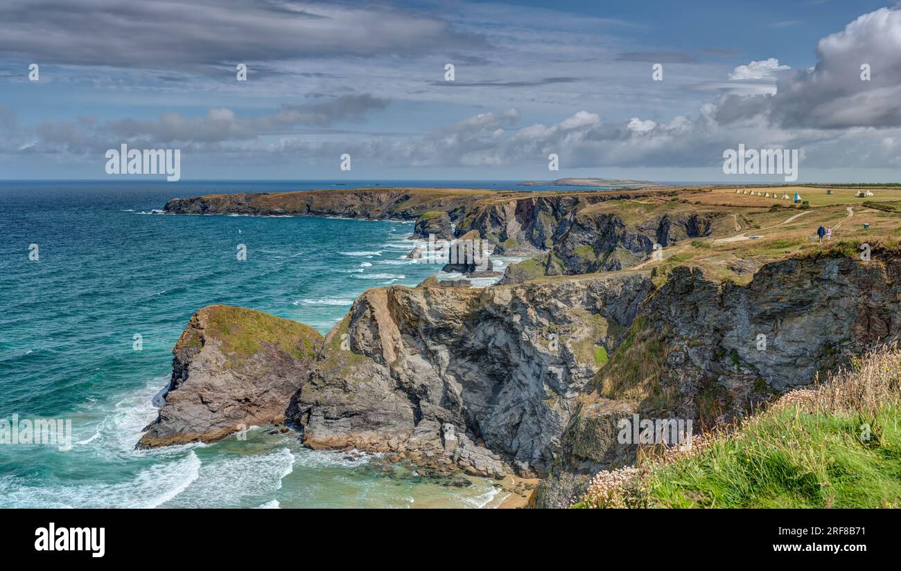 A panoramic landscape showing the rugged wild coastline of Bedruthan ...