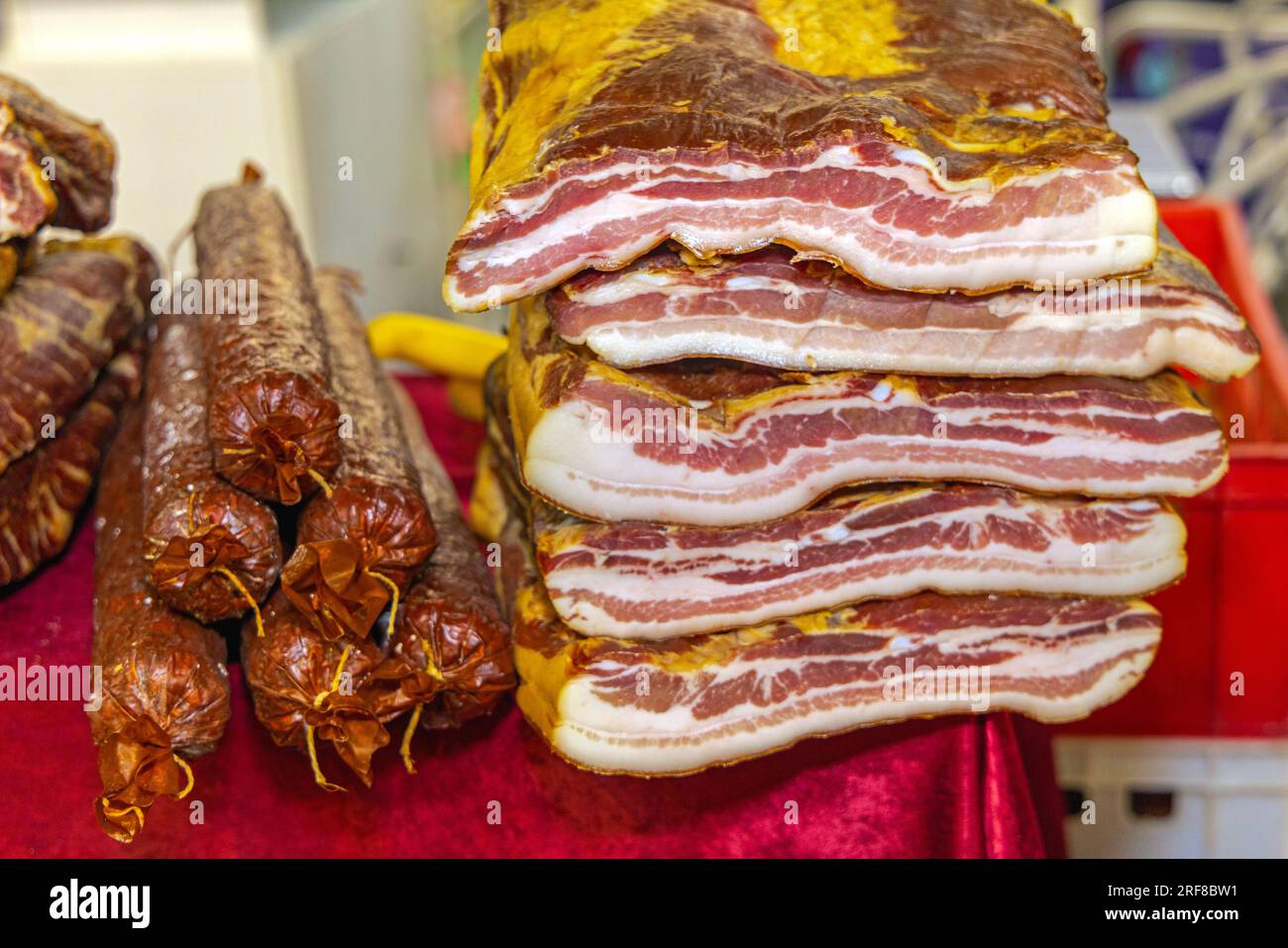 Stack of Smoked Bacon Slabs and Cured Sausages Meat Food Stock Photo ...