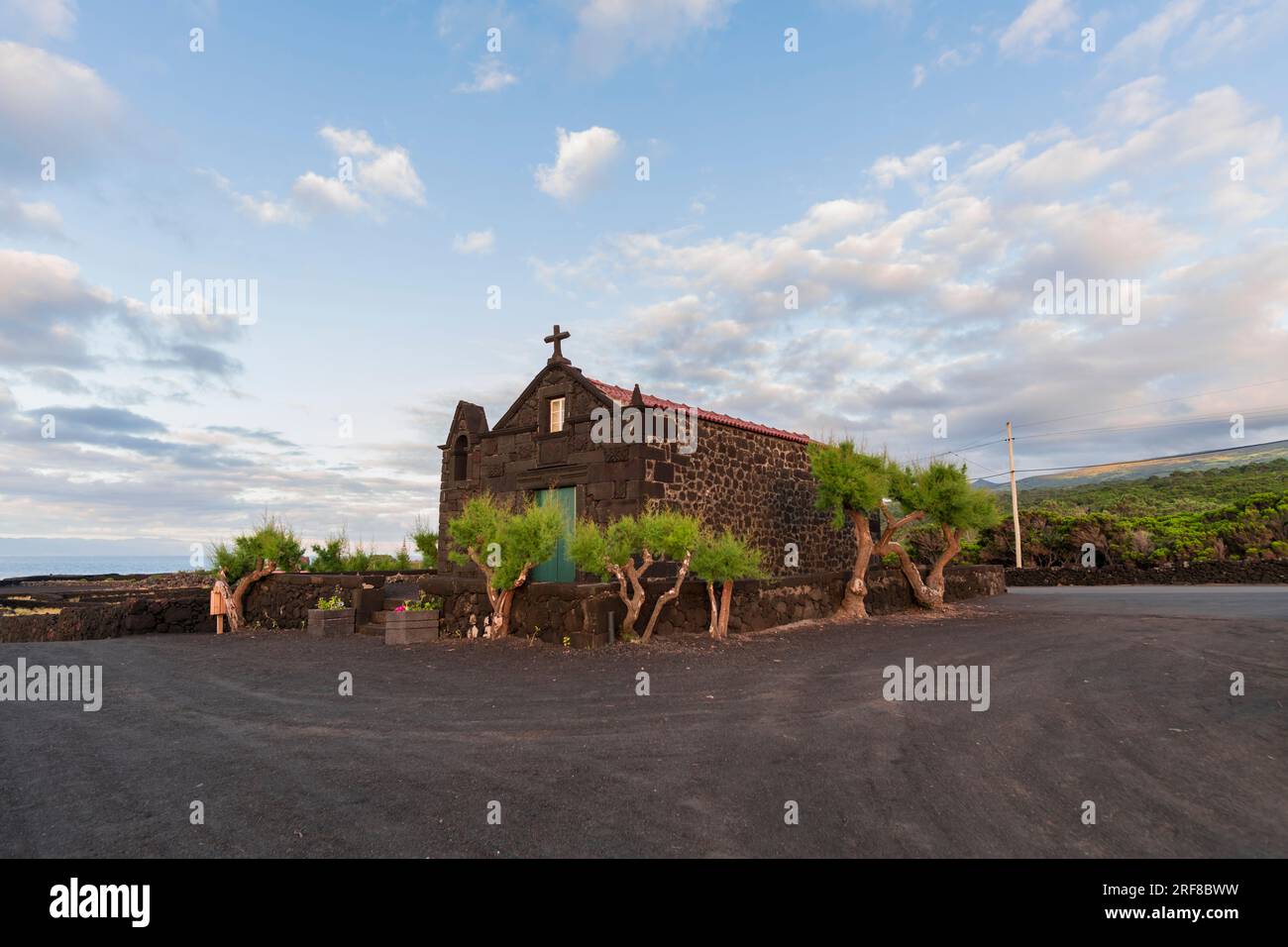 A black lava rock church on Pico island, Azores, Portugal Stock Photo ...