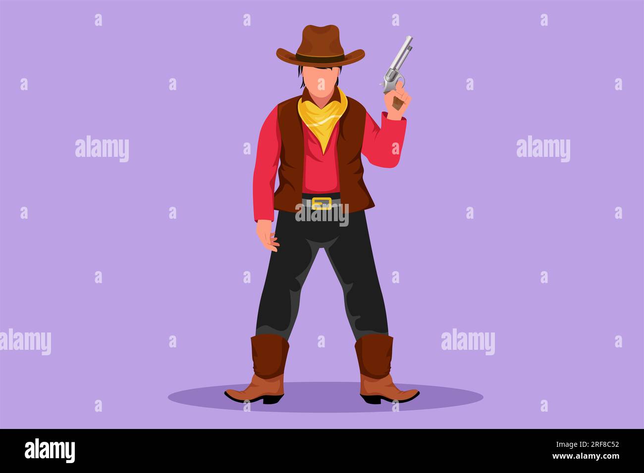 Cartoon flat style drawing of stylized cowboy with hat holding his gun ...