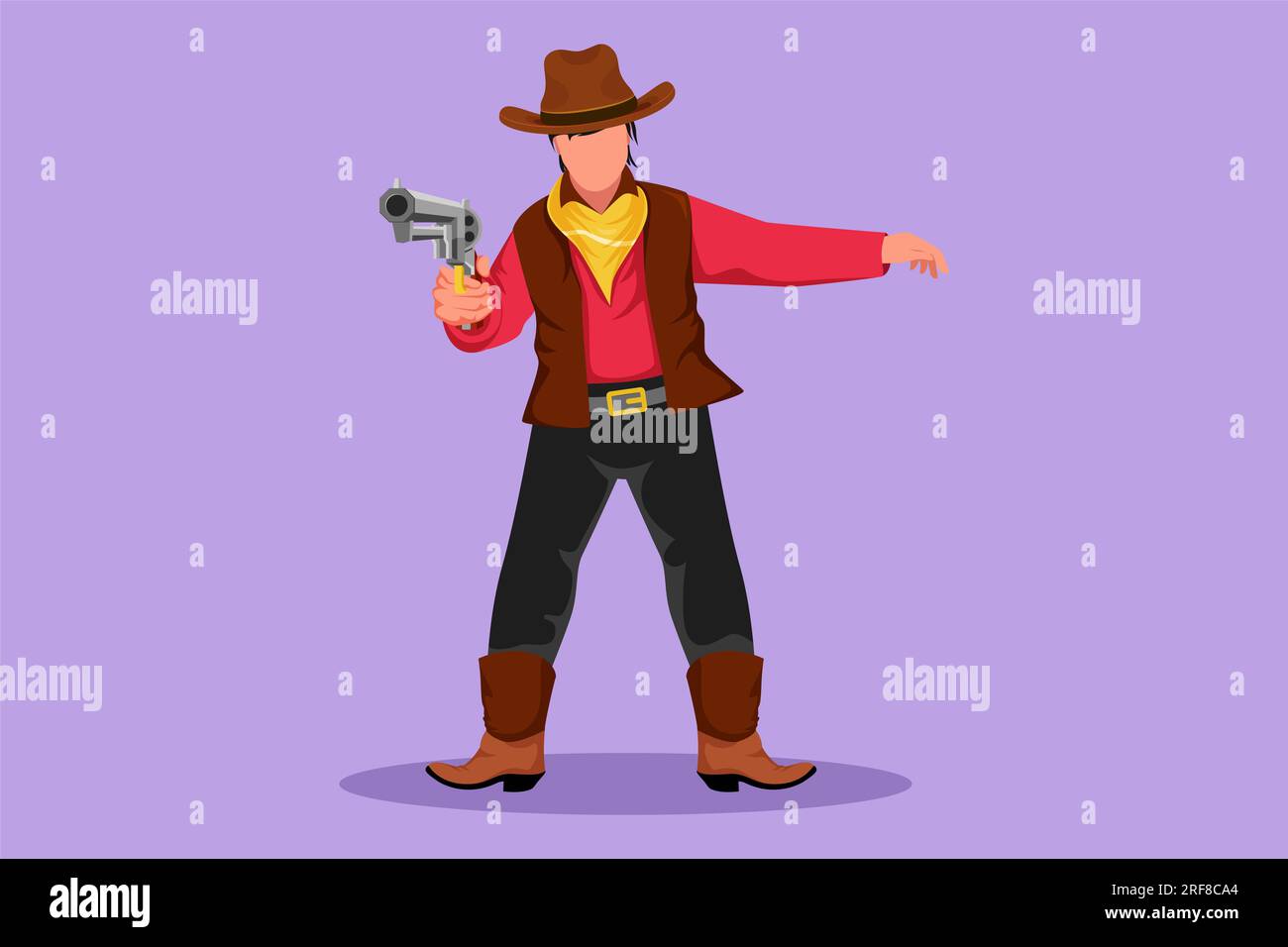 Cartoon flat style drawing smart cowboy holding his gun and aiming the ...