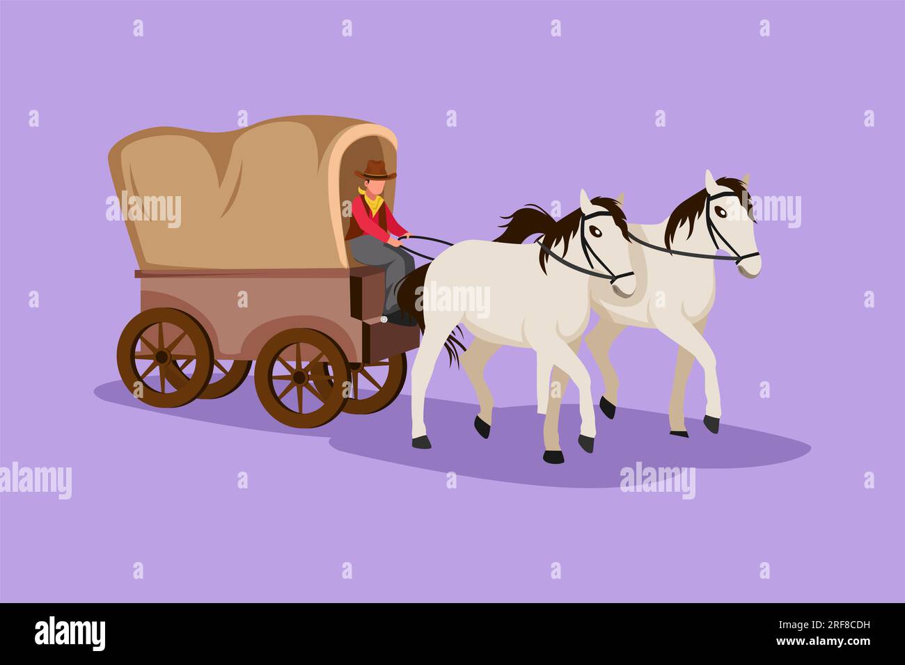 Graphic flat design drawing vintage western stagecoach with horses ...