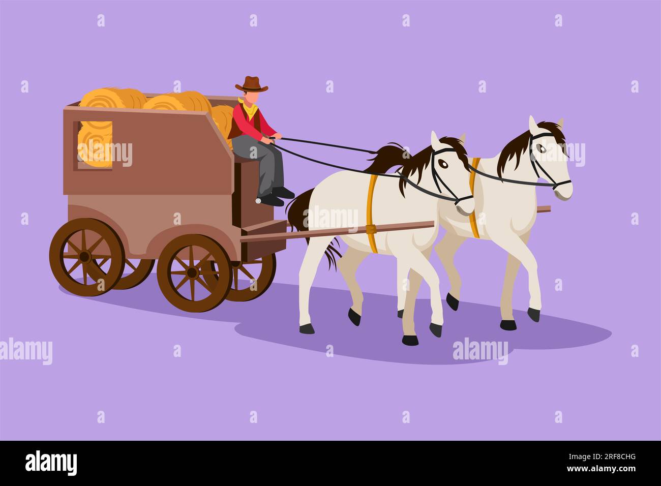 Graphic flat design drawing old wild west horse-drawn carriage with ...