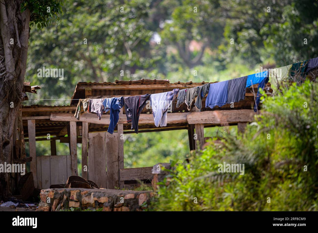 A small clothes line in front of an eastern african wooden hut with ...