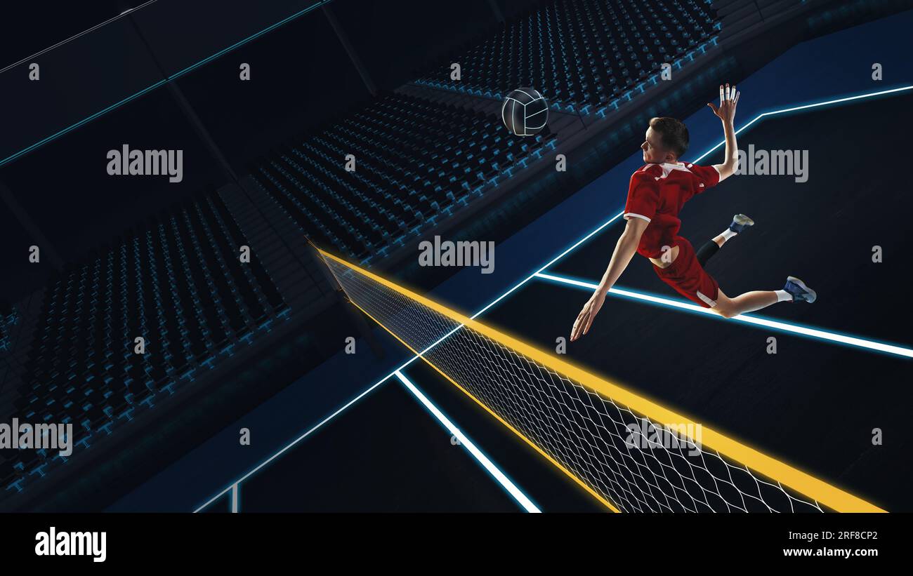 Top view image of young competitive man during game, playing volleyball ...
