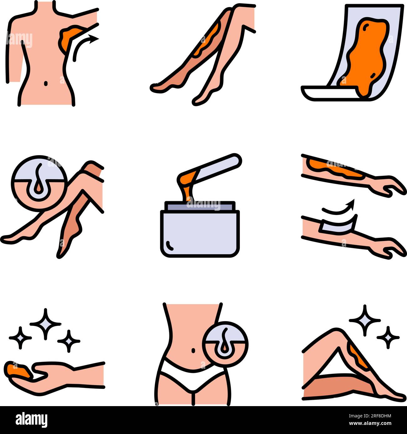 Waxing coloricons set. Female hair removal procedure. Depilation equipment. Thin line contour ...