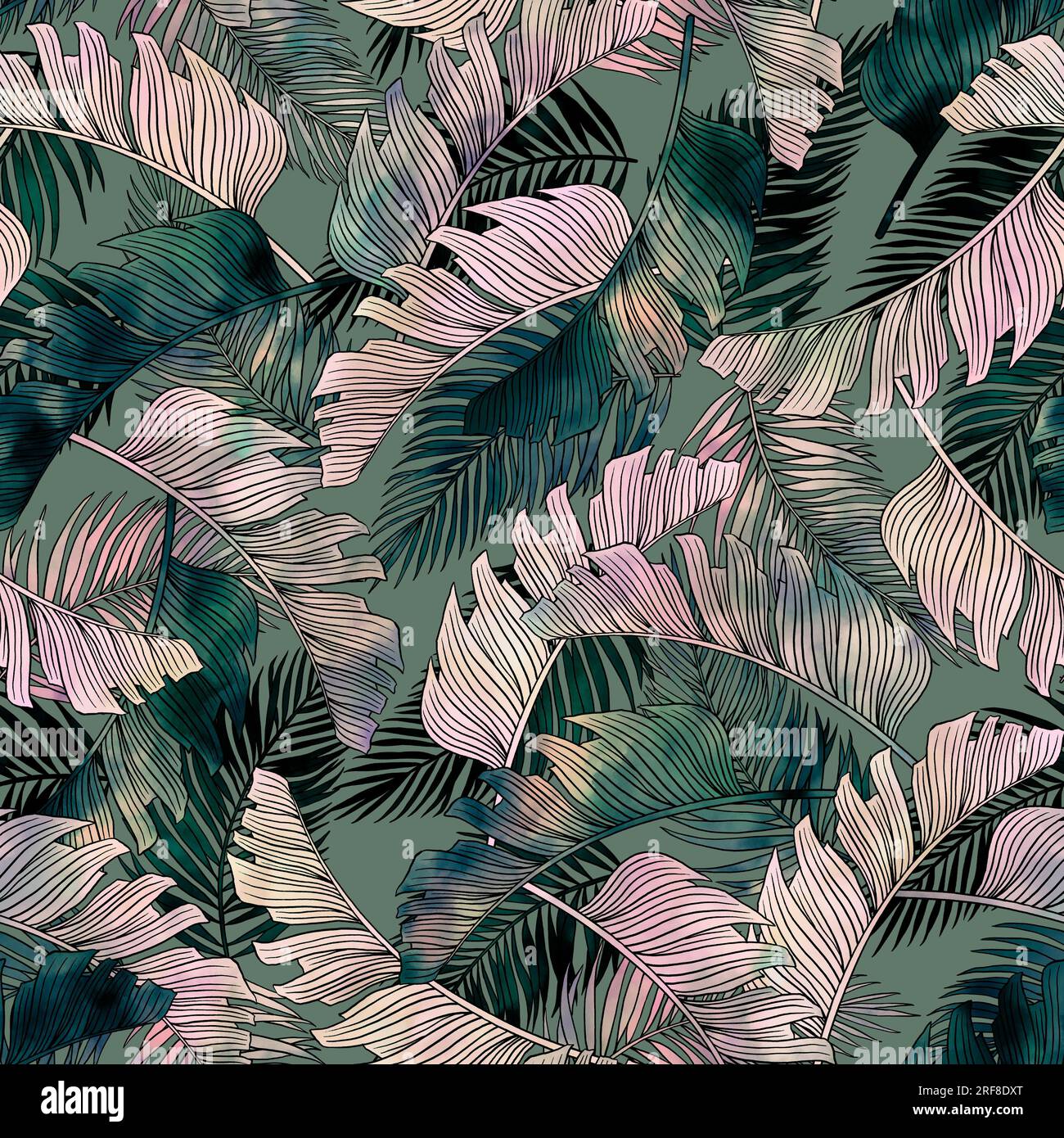 Tropical leaf seamless pattern. Colorful vivid print with beautiful palm jungle leaves. Repeated ...