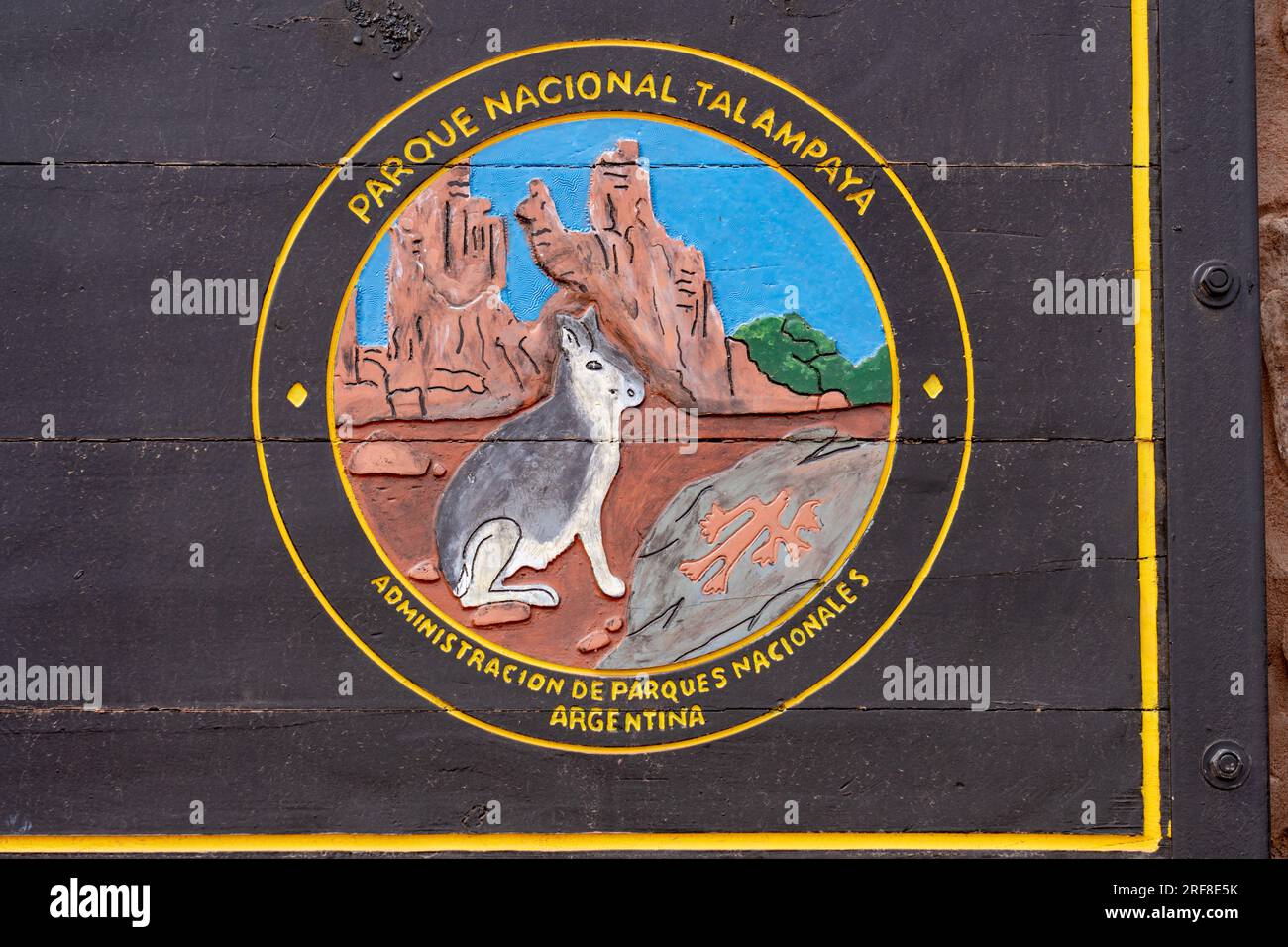 The rabbit-like Patagonian Mara depicted on a park sign in Talampaya ...