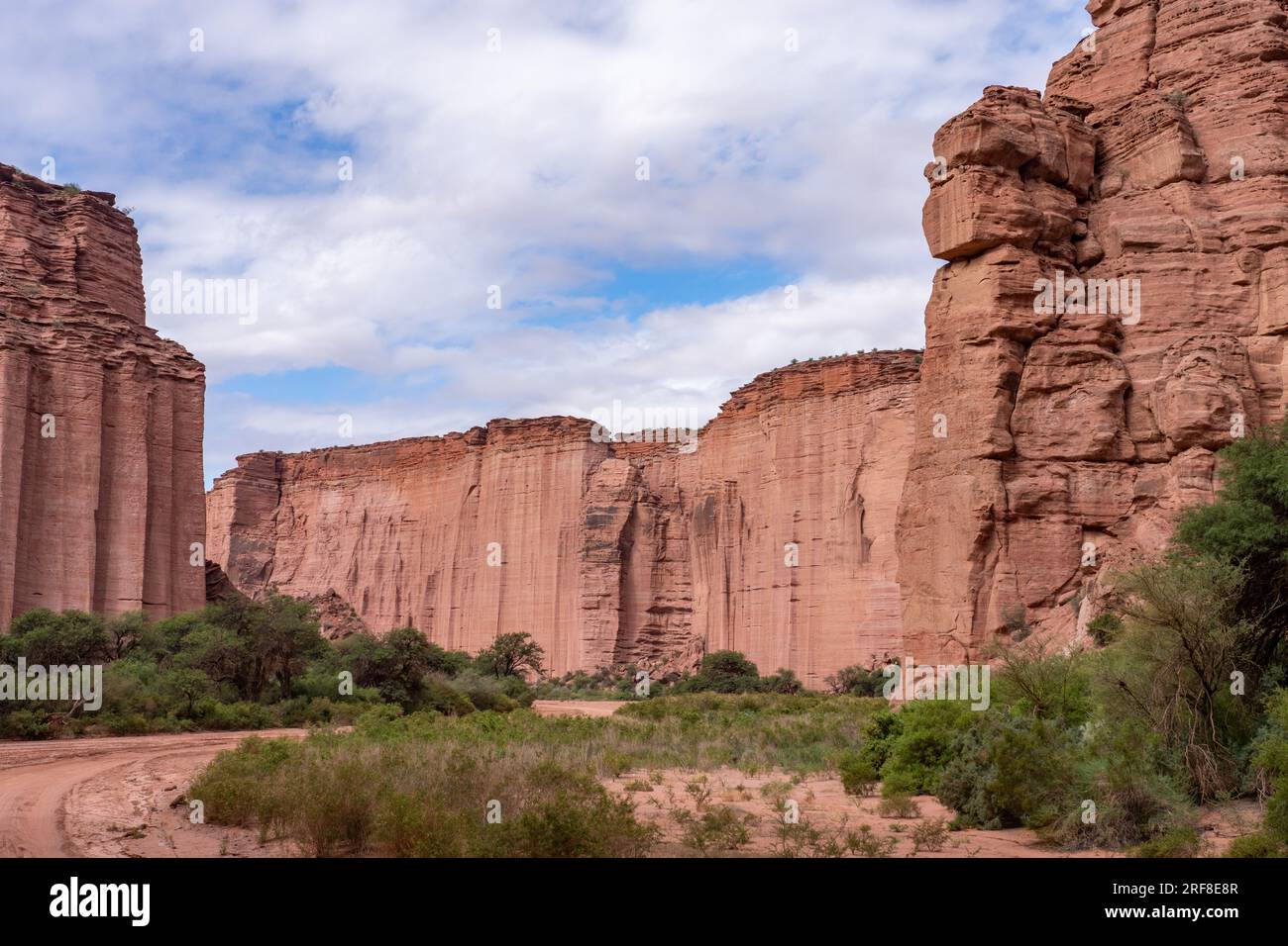 Red sandstone cliffs of the Talampaya Formation in the Talampaya Gorge ...
