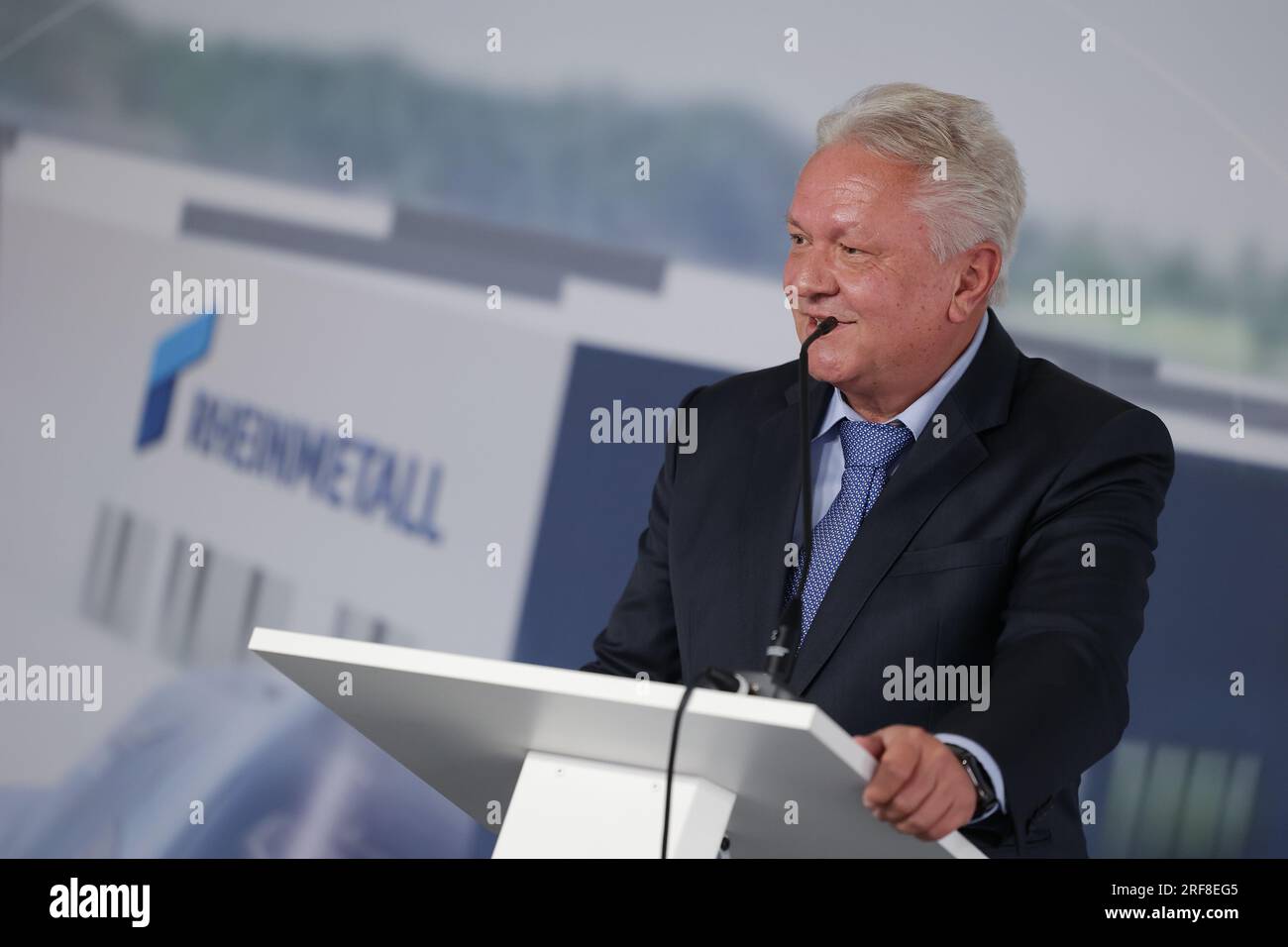 Weeze, Germany. 01st Aug, 2023. Armin Papperger, CEO of Rheinmetall AG, speaks at the ...