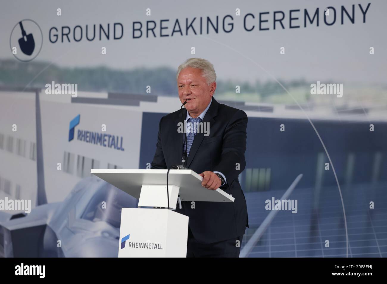 Weeze, Germany. 01st Aug, 2023. Armin Papperger, CEO of Rheinmetall AG, speaks at the ...