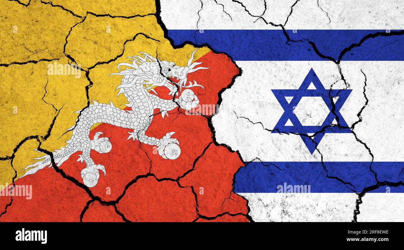 Flags of Bhutan and Israel on cracked surface - politics, relationship ...