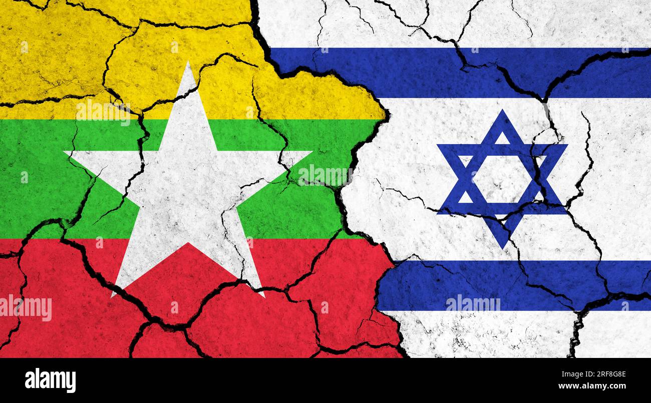 Flags of Myanmar and Israel on cracked surface - politics, relationship ...